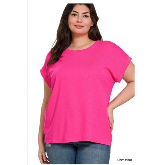 Tops | 340 Plus Hot Pink Cotton Modal Slub Rolled Sleeve Tee Shirt ...